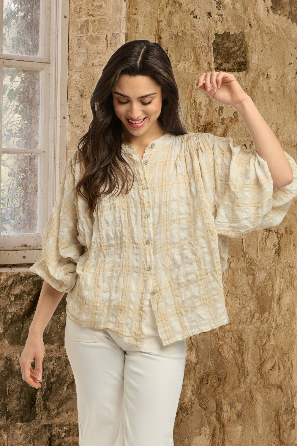 FREIDA Beige Check Cotton Shirt – Italian Star