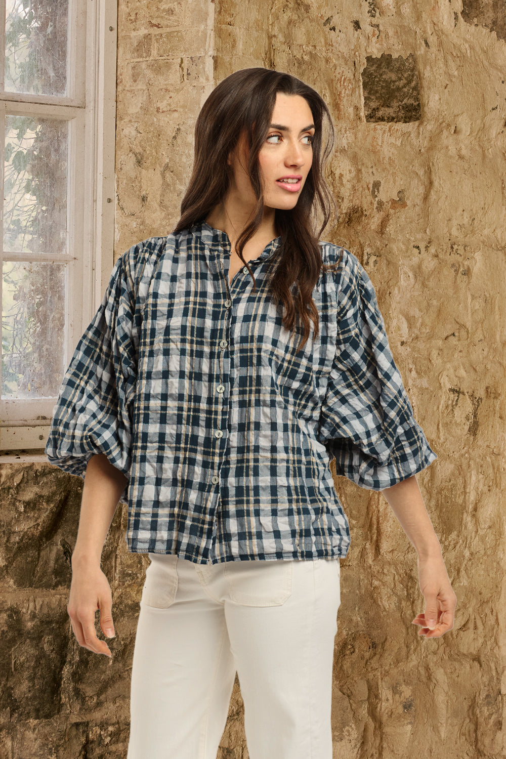 FREIDA Navy Check Cotton Shirt – Italian Star